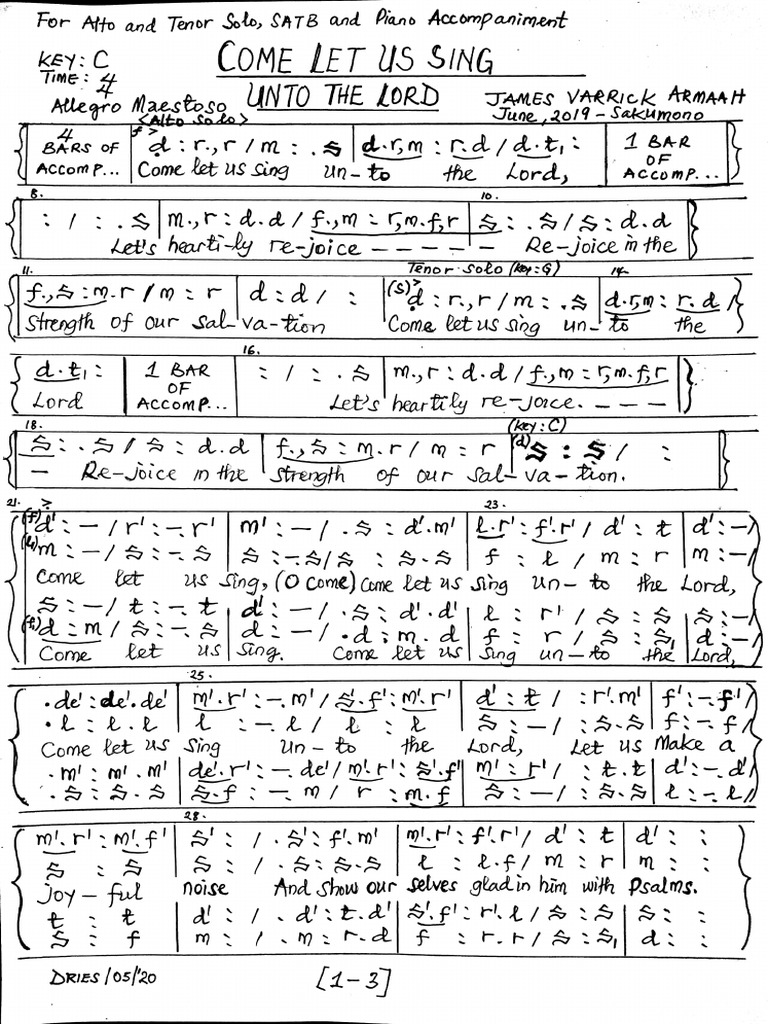 Come Let Us Sing Unto The Lord by James Varrick - Solfa | PDF