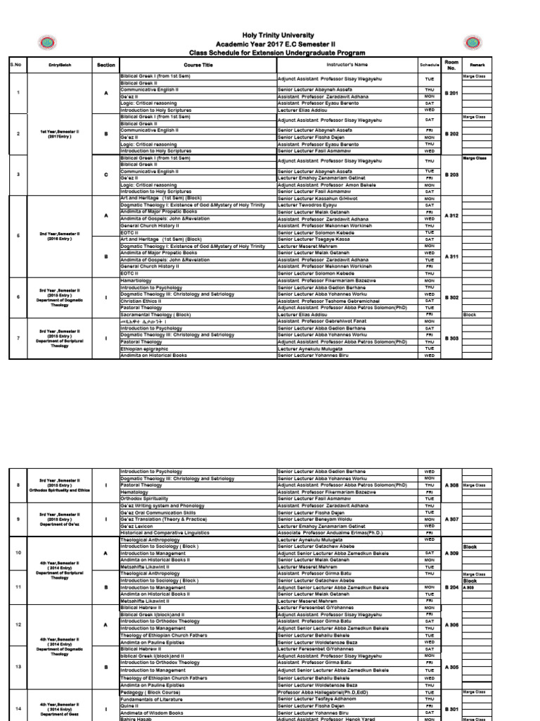 Holy Trinity University Course Schedule | PDF