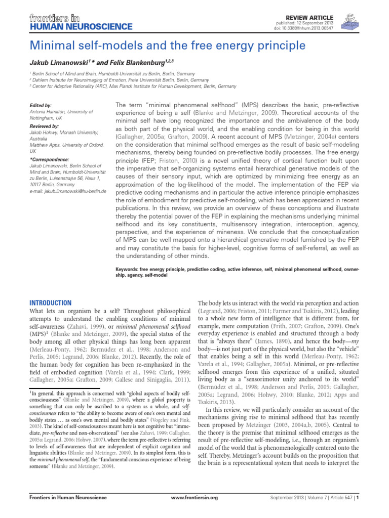 Minimal Self-Models and The Free Energy Principle | PDF | Psychology ...