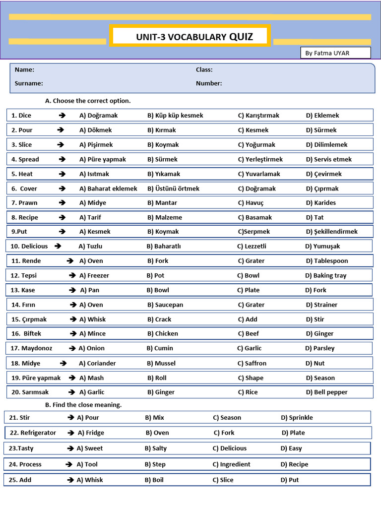 Unit 3 Vocabulary Quiz Answers | PDF | Baking | Food And Drink