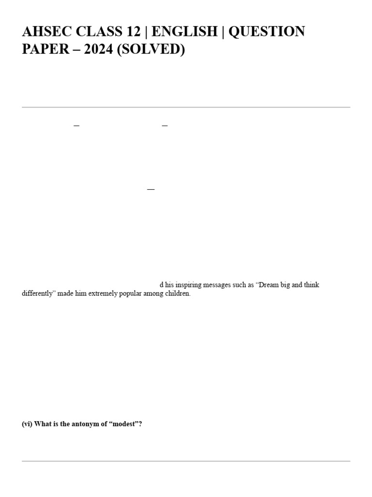 Ahsec Class 12 English Solved Paper 2021 To 2025 | PDF | Atmosphere Of ...