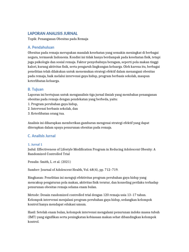 Laporan Analisis Jurnal Obesitas Remaja | PDF