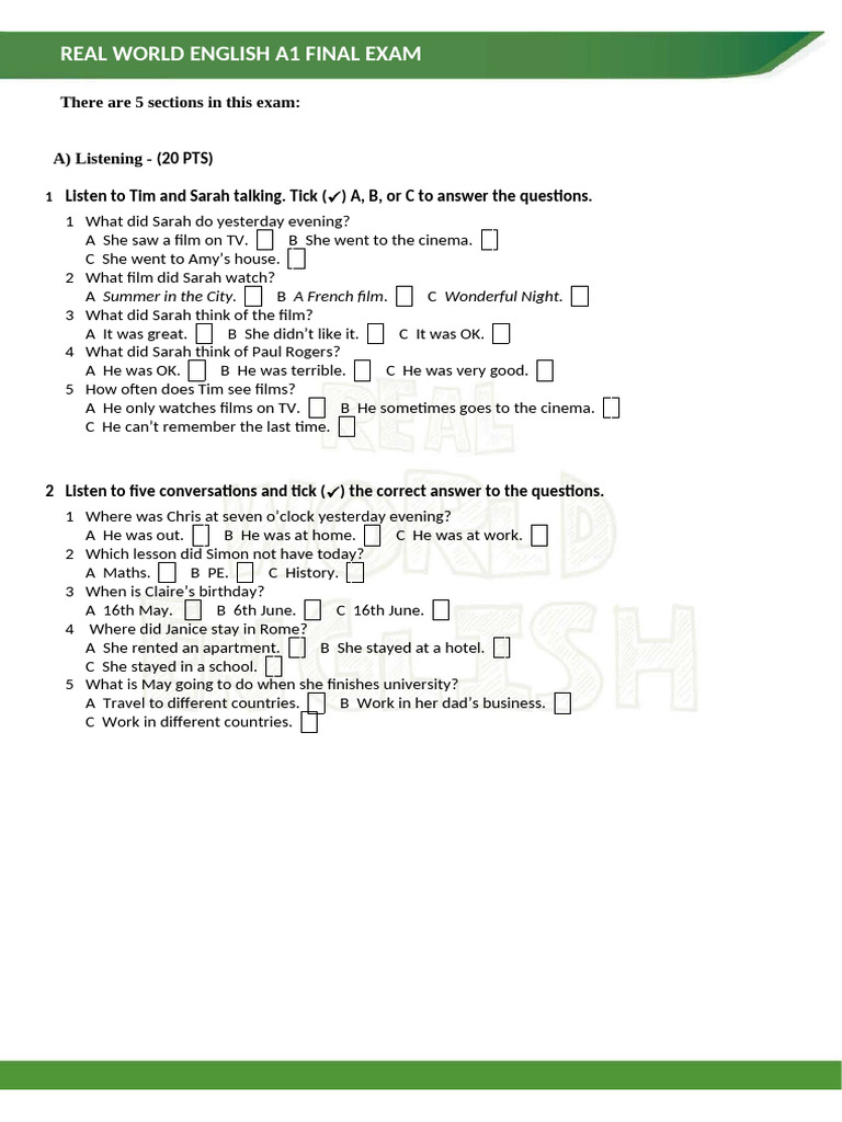 A1 English Final Exam Guide | PDF