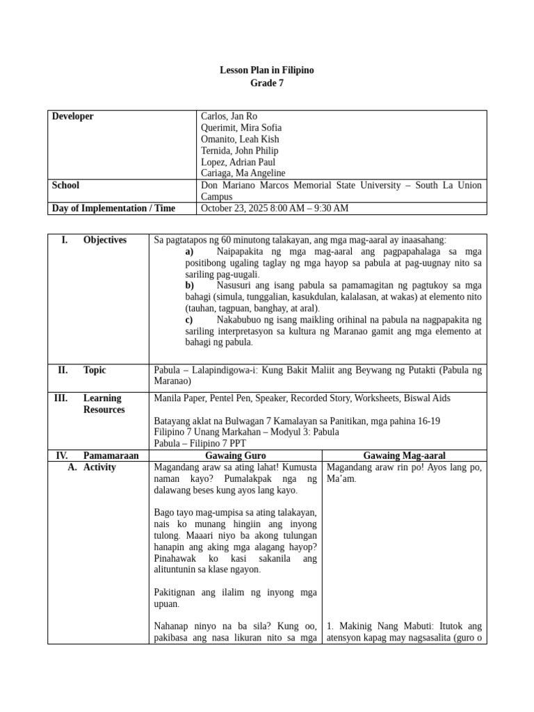 Group 3 Pabula Lesson Plan | PDF