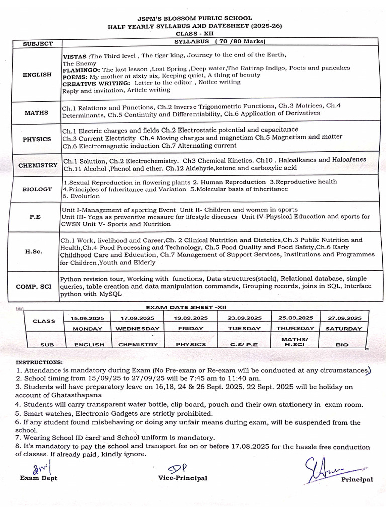 Class XII Syllabus and Datesheet For Half Yearly Exam. | PDF
