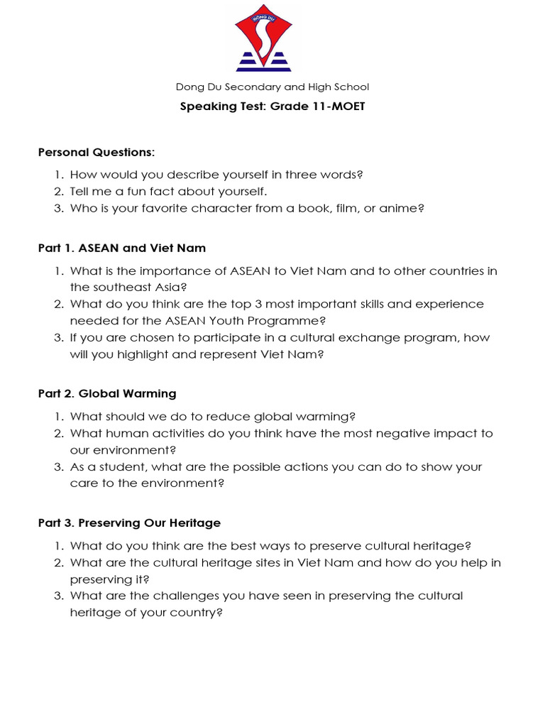 Speaking Test Grade 11 MOET 2nd Speaking Test | PDF