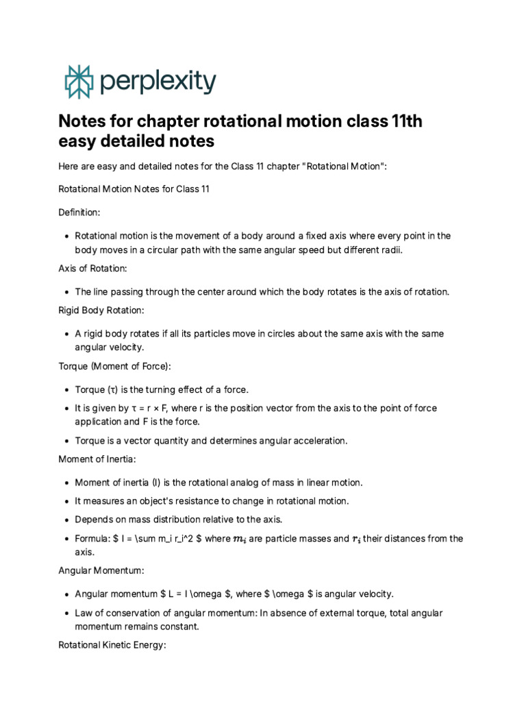 Notes For Chapter Rotational Motion Class 11th Eas | PDF | Rotation ...