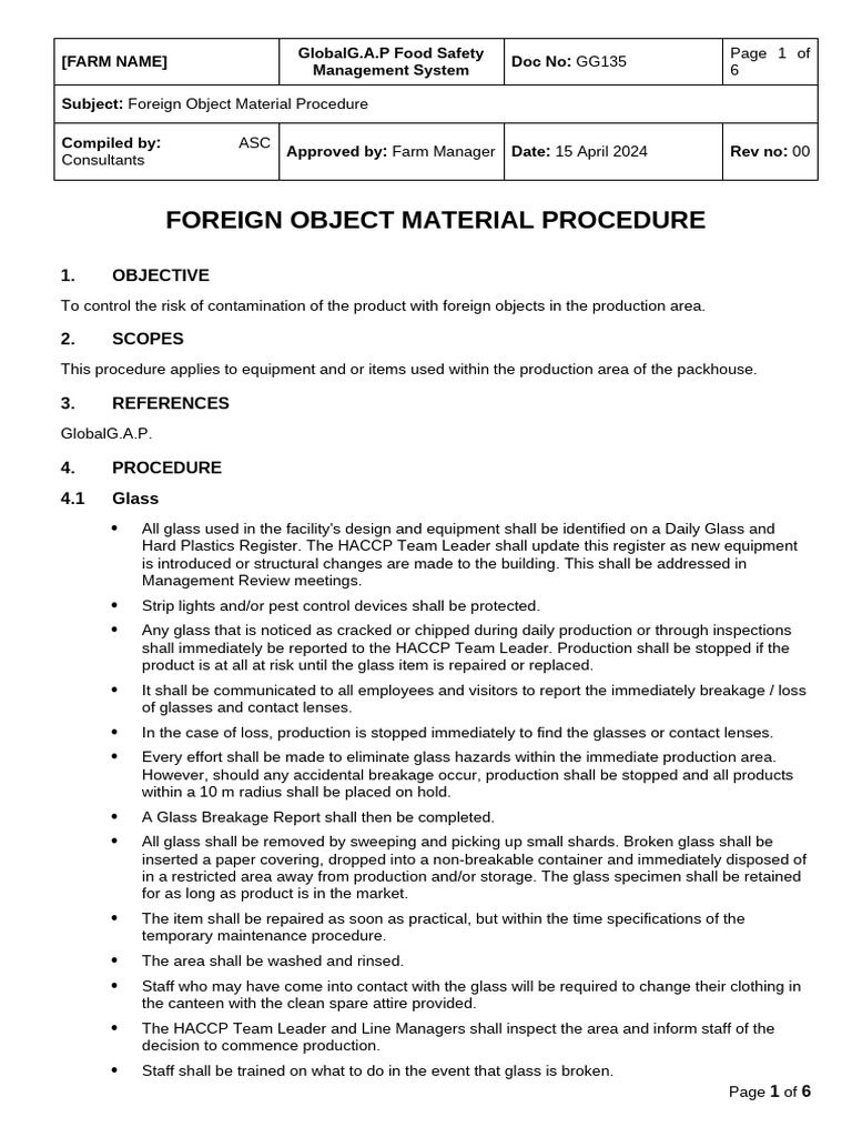 Foreign Object Control Procedure Guide | PDF | Pallet | Food Safety