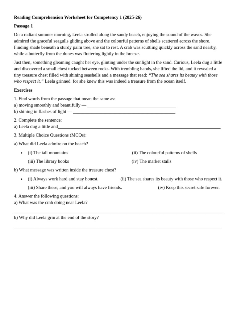 Reading Comprehension Worksheet For Competency 1 202526 | PDF