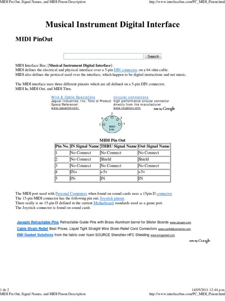 MIDI Pin Out Signal Names and MIDI Pinout Description | PDF