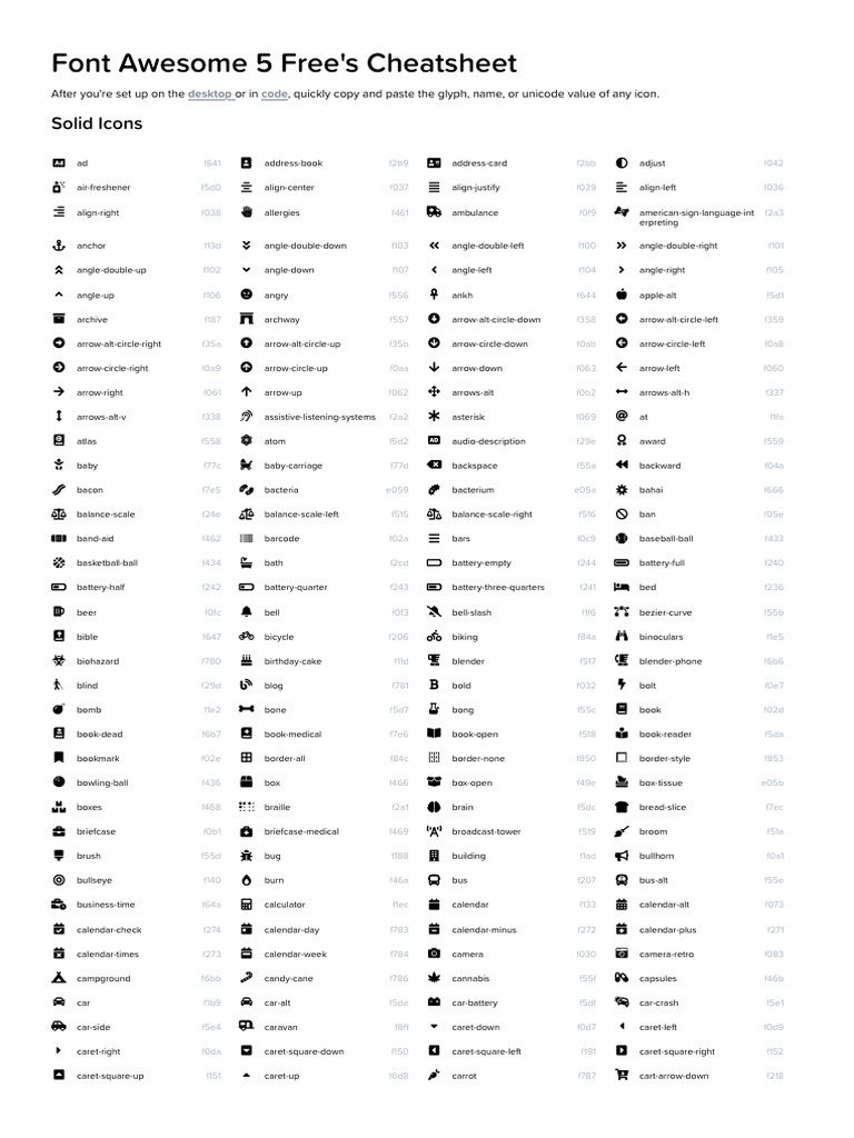 Font Awesome v5 Free Cheatsheet | PDF | Character Encoding | Encodings