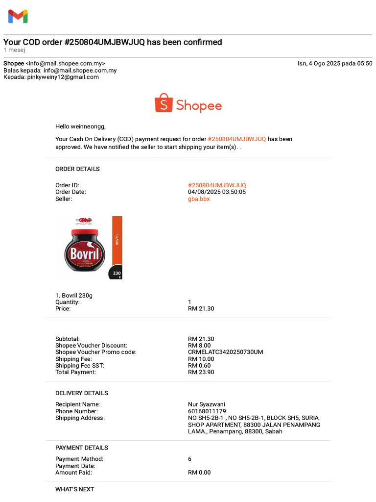 Gmail - Your COD Order #250804UMJBWJUQ Has Been Confirmed | PDF ...