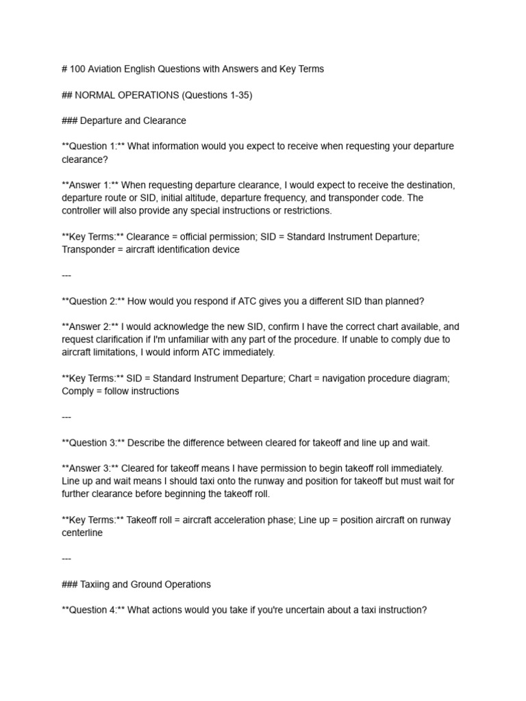 100 Aviation English Questions With Answers and Key Terms | PDF ...