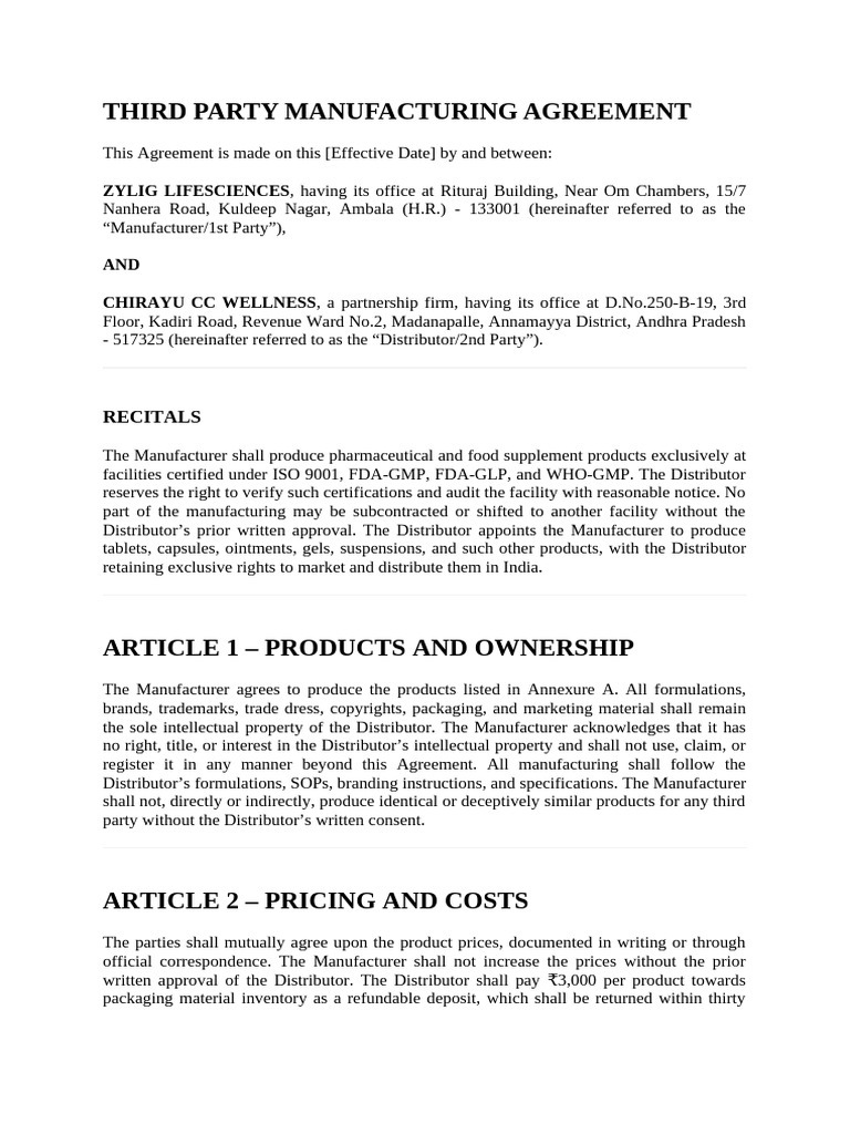 Third Party Manufacturing Agreement | PDF | Indemnity | Breach Of Contract