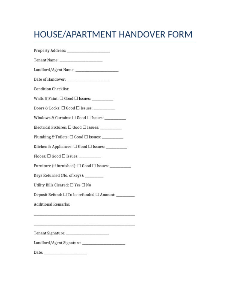 House Apartment Handover Form and Letter | PDF