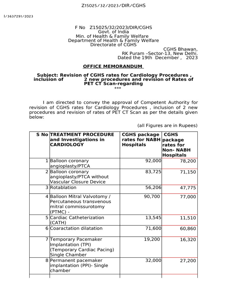 Revised CGHS Rates for Cardiology Procedures | PDF | Percutaneous ...