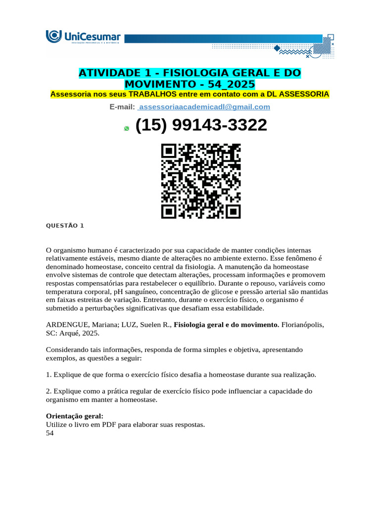 Atividade 1 - Fisiologia Geral e Do Movimento - 54_2025 | PDF