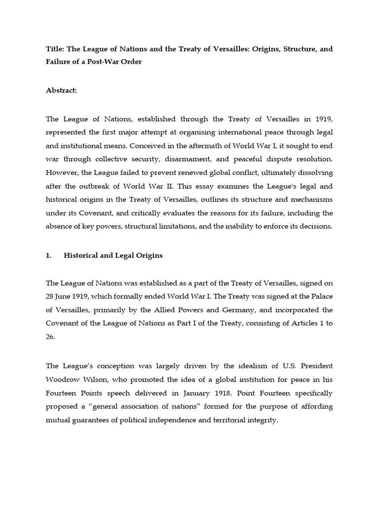 The League of Nations and The Treaty of Versailles | PDF | League Of ...