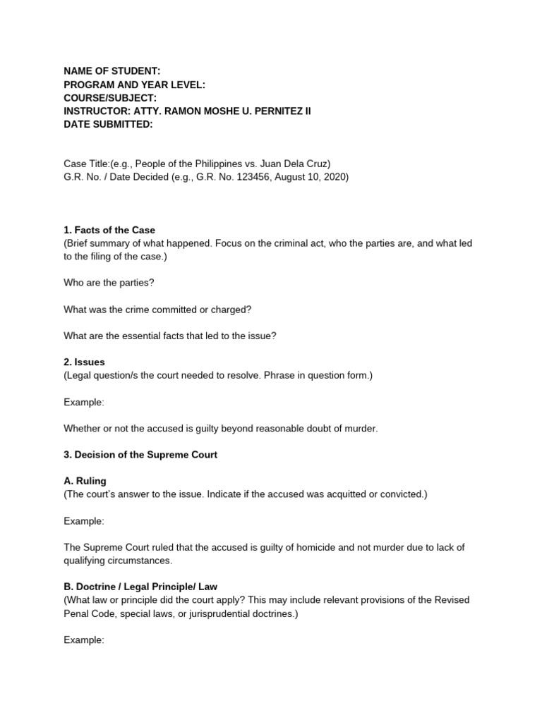 Case Digest Template For Criminology Student | PDF | Murder | Crimes