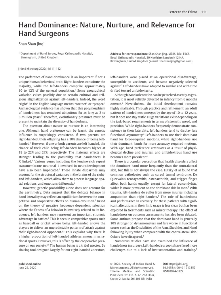 Hand Dominance: Nature, Nurture, and Relevance For Hand Surgeons | PDF ...