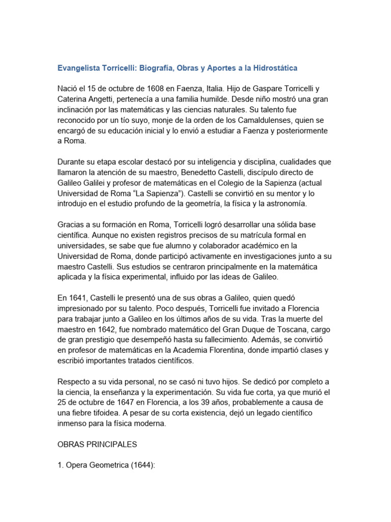 Biografía y Aportes de Torricelli en Hidrostática | PDF | Vacío ...