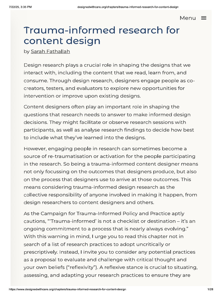 Chapters Trauma Informed Research For Content Design | PDF