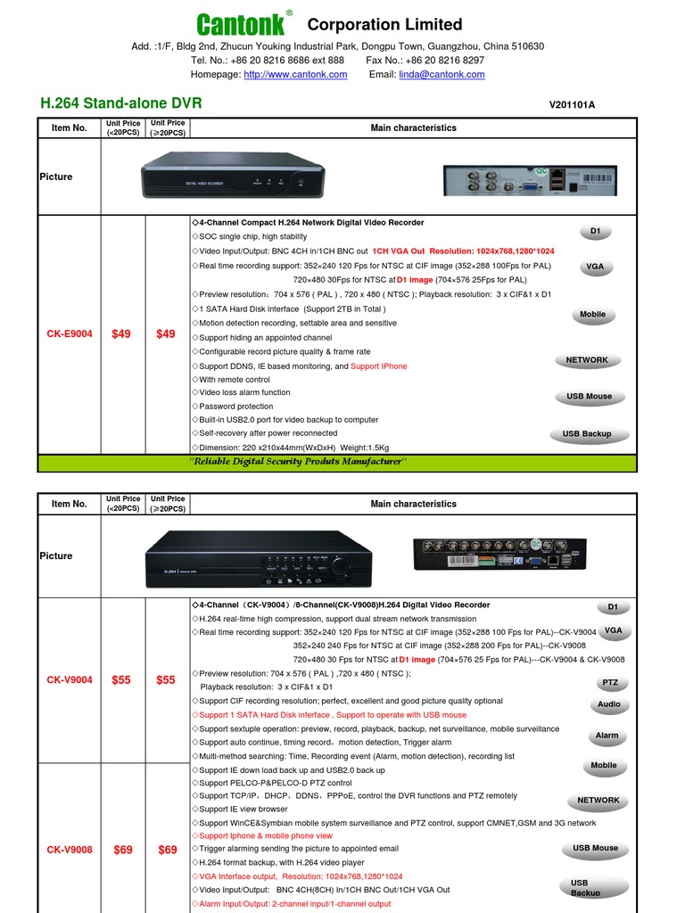 Product Catalog and Specifications for H.264 Stand-alone DVRs and ...