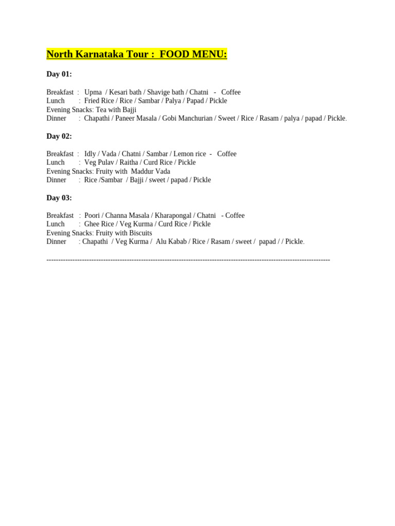North Karnataka Tour Food Menu | PDF