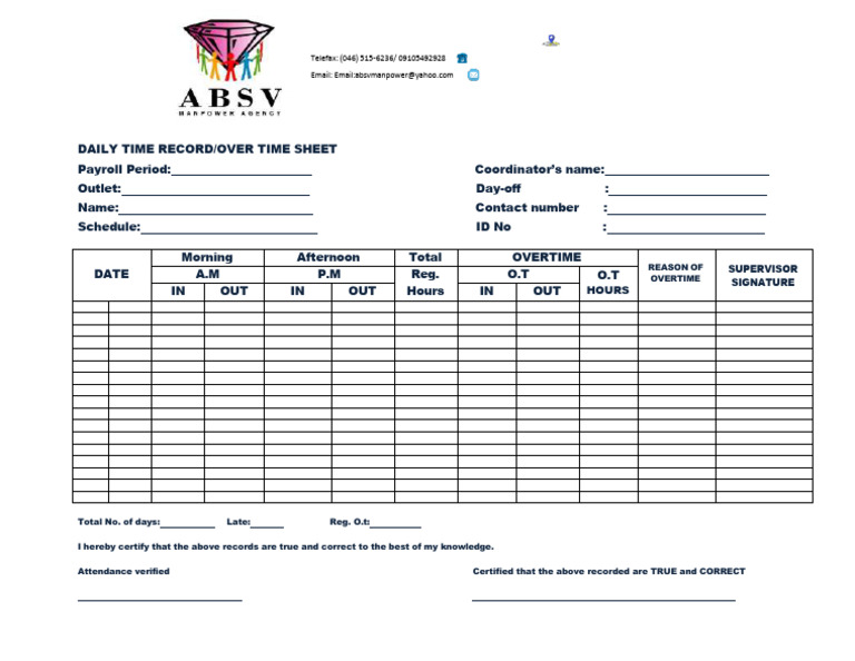 Daily Time Record and Overtime Sheet | PDF