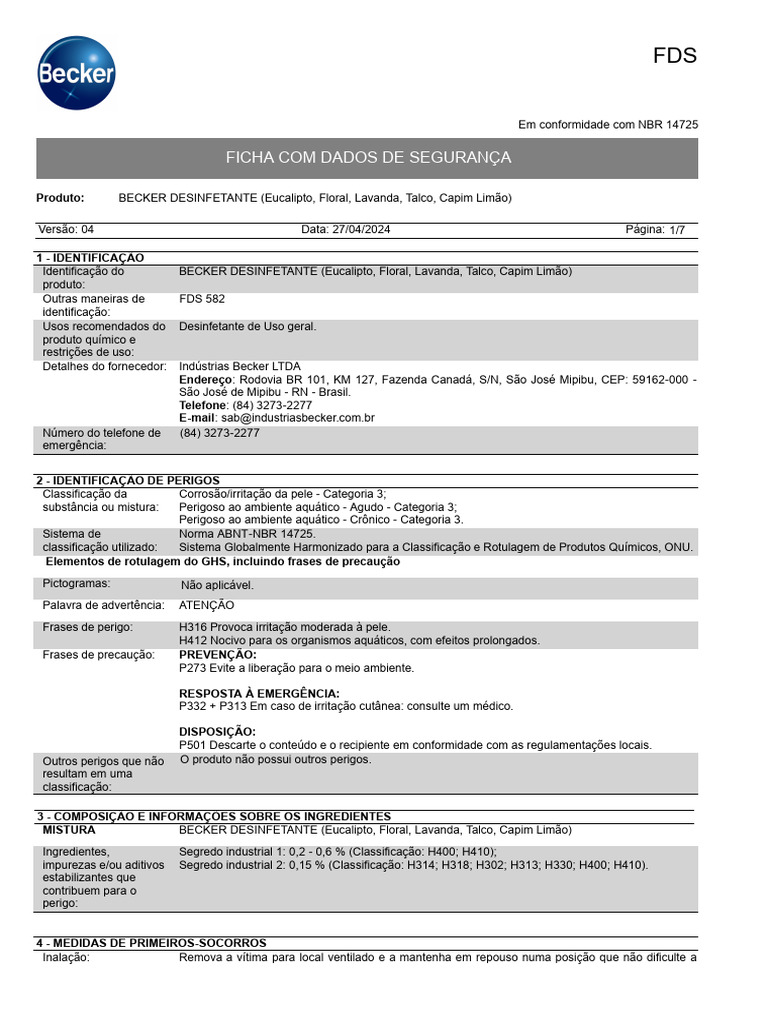 FDS - BECKER DESINFETANTE (Eucalipto, Floral, Lavanda, Talco, Capim ...