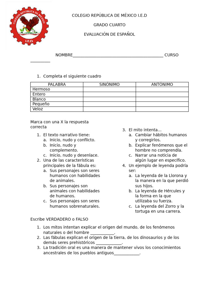 Evaluación de Español para Cuarto Grado | PDF | Leyendas