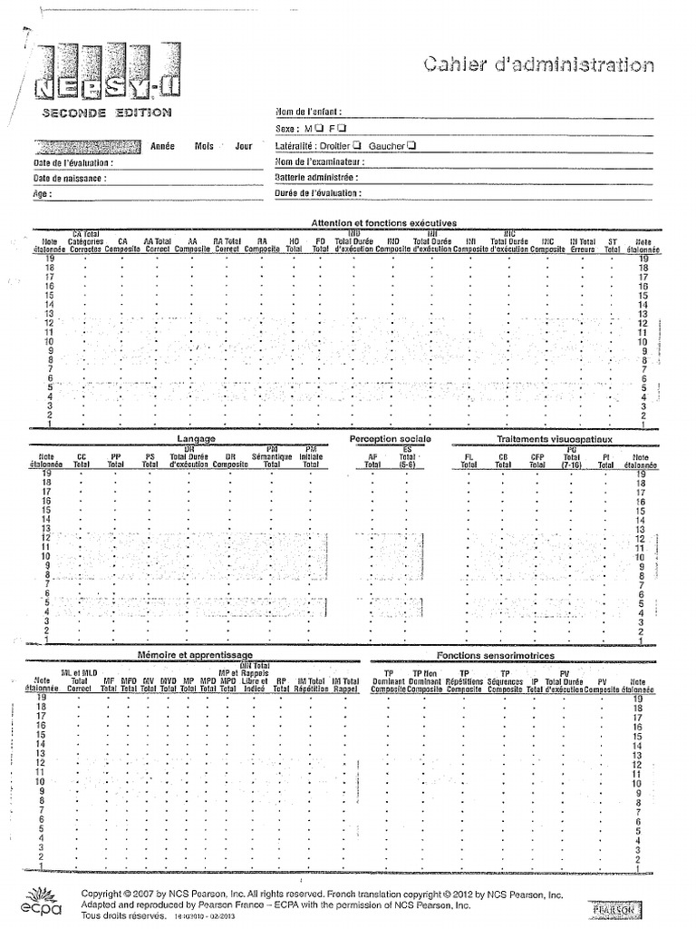 Cahier D'administration Nepsy II | PDF