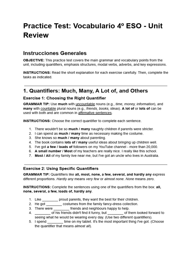 Vocabulario 4º ESO Practice Test Guide | PDF | Adverb | Language Mechanics