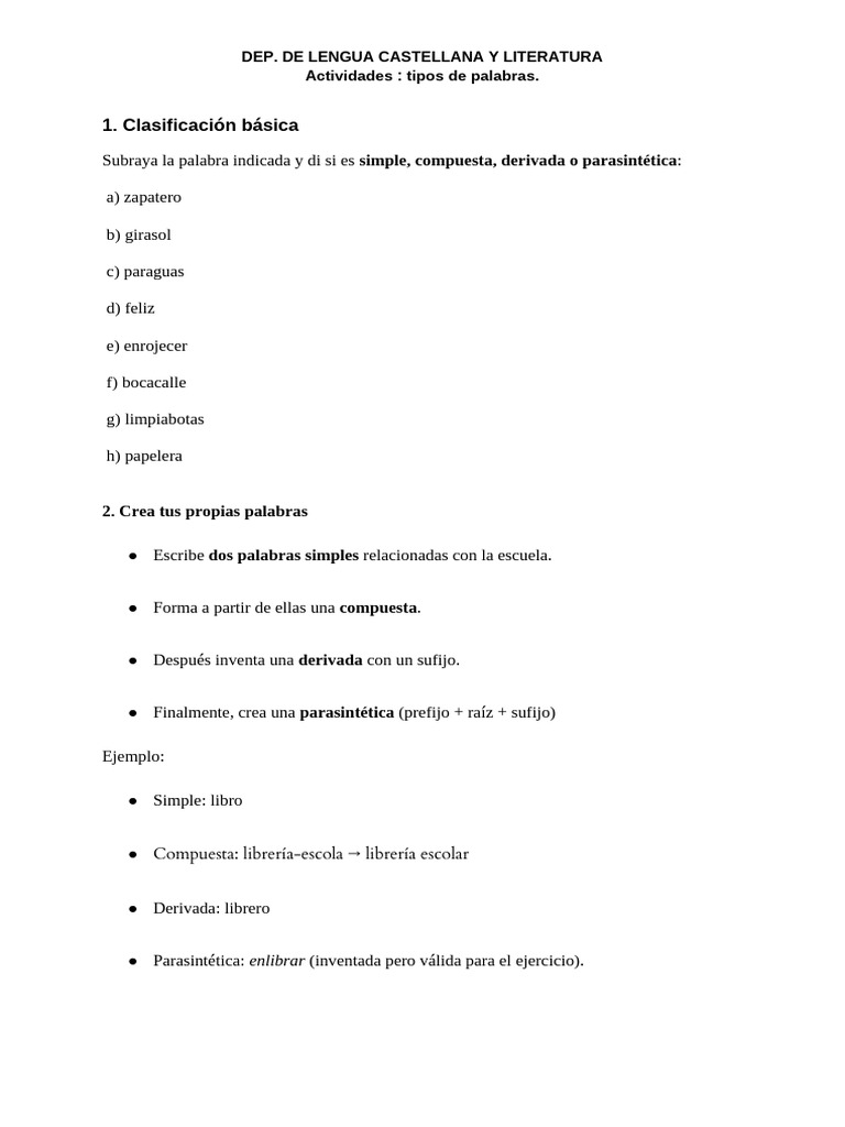 Tipos de Palabras en Lengua Castellana | PDF