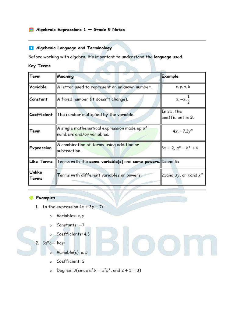 Grade 9 Algebraic Expressions Guide | PDF | Variable (Mathematics ...