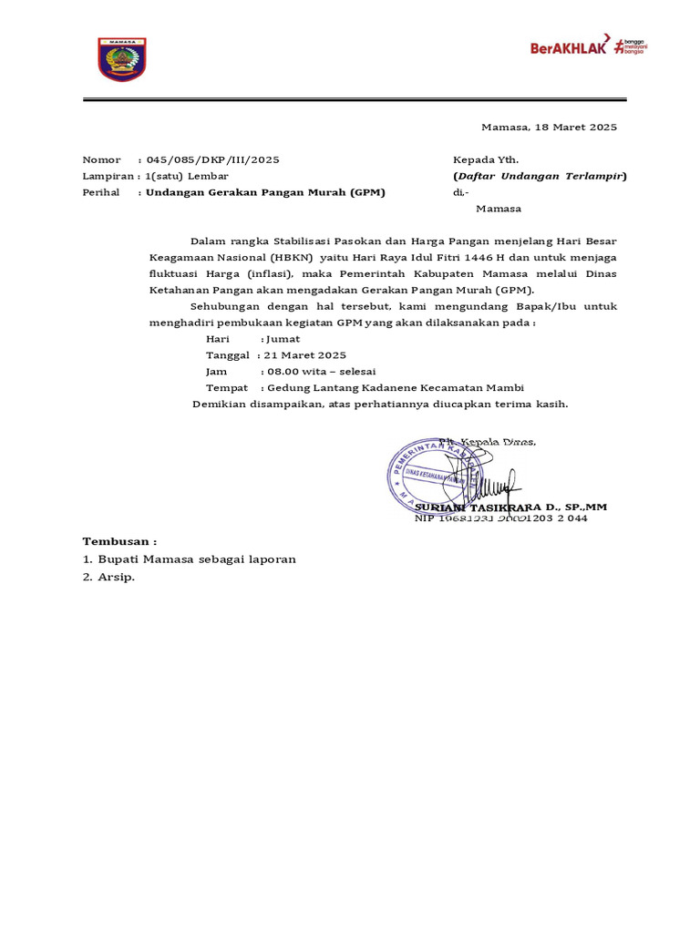 Undangan Gerakan Pangan Murah Mamasa | PDF
