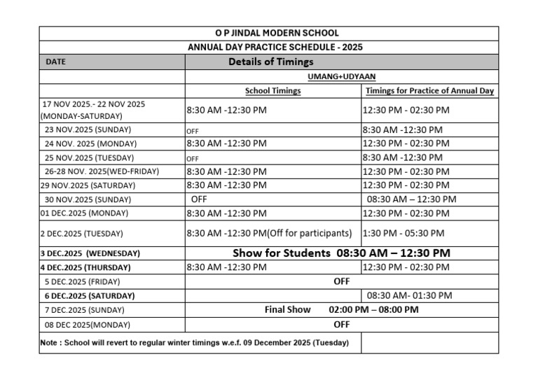 2025 - Annual Day Practice Timings | PDF