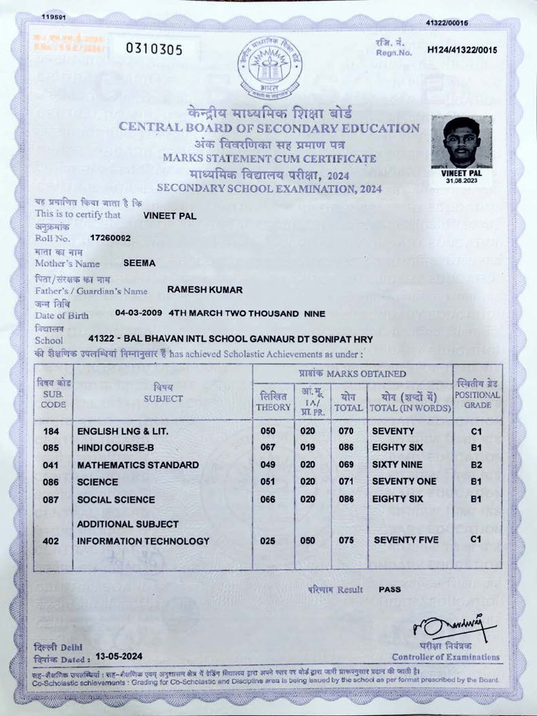 CBSE Secondary School Certificate 2024 | PDF