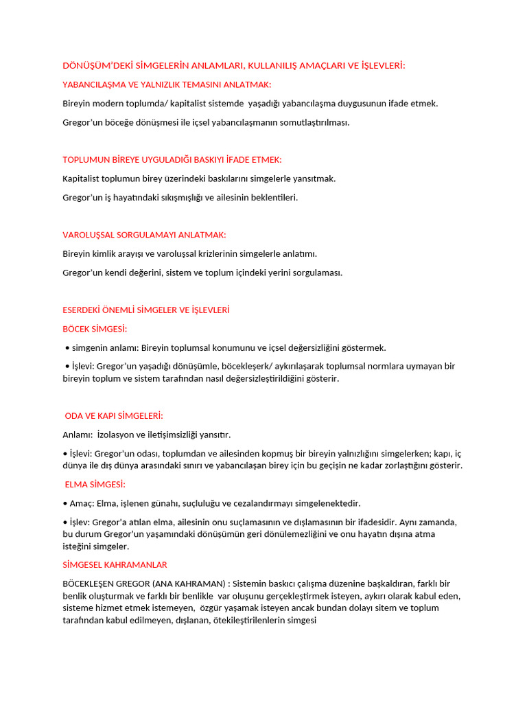Dönüşüm'de Simgeler Ve Işlevleri | PDF