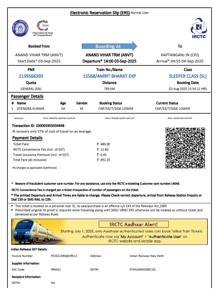 Irctc ticket | PDF | Identity Document | Payments