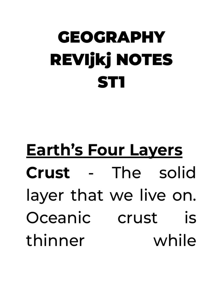 Geography Revijkj Notes ST1: Earth's Four Layers Crust | PDF