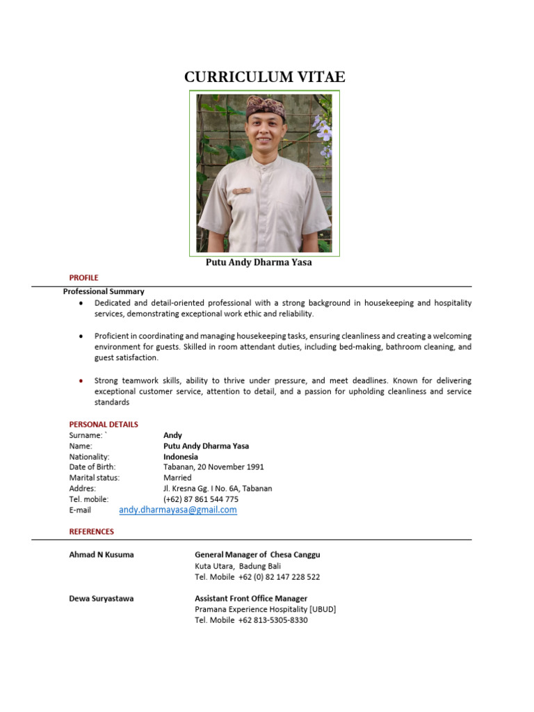 CV Andy | PDF | Housekeeping | Occupational Safety And Health