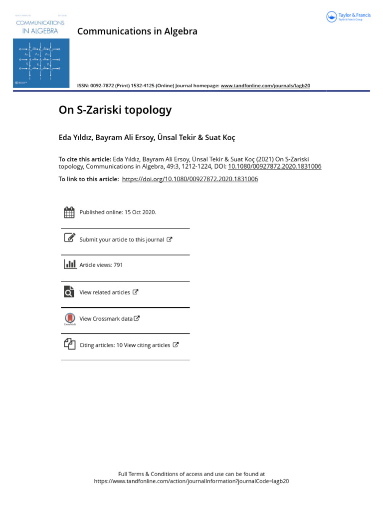S-Zariski Topology on S-Prime Ideals | PDF | Ring (Mathematics) | Set ...