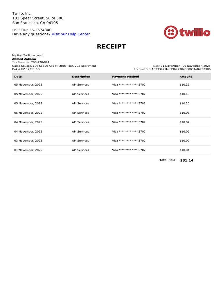 2025 11 Twilio Receipt | PDF