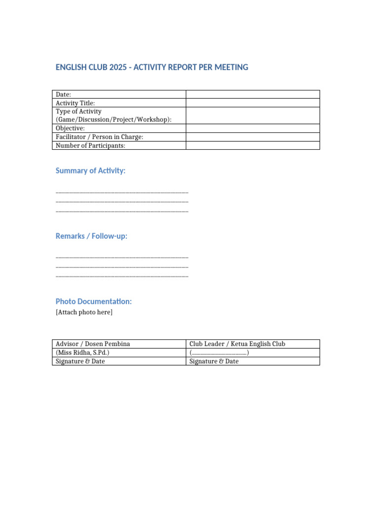 English Club Activity Report Per Meeting | PDF