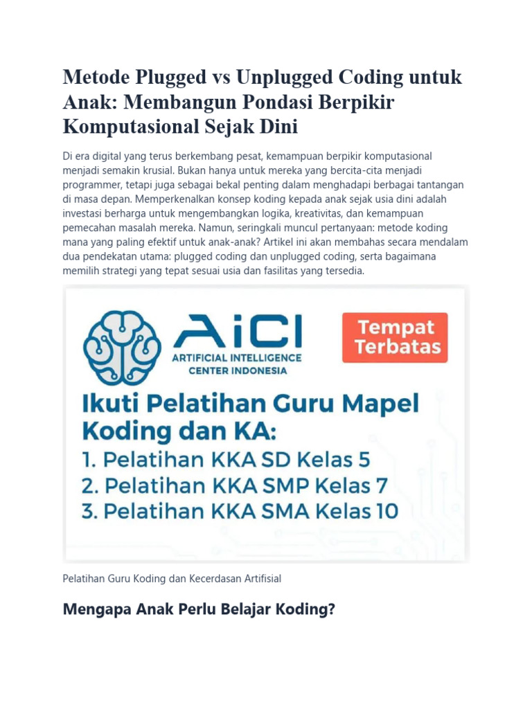 Metode Koding untuk Anak: Plugged vs Unplugged | PDF