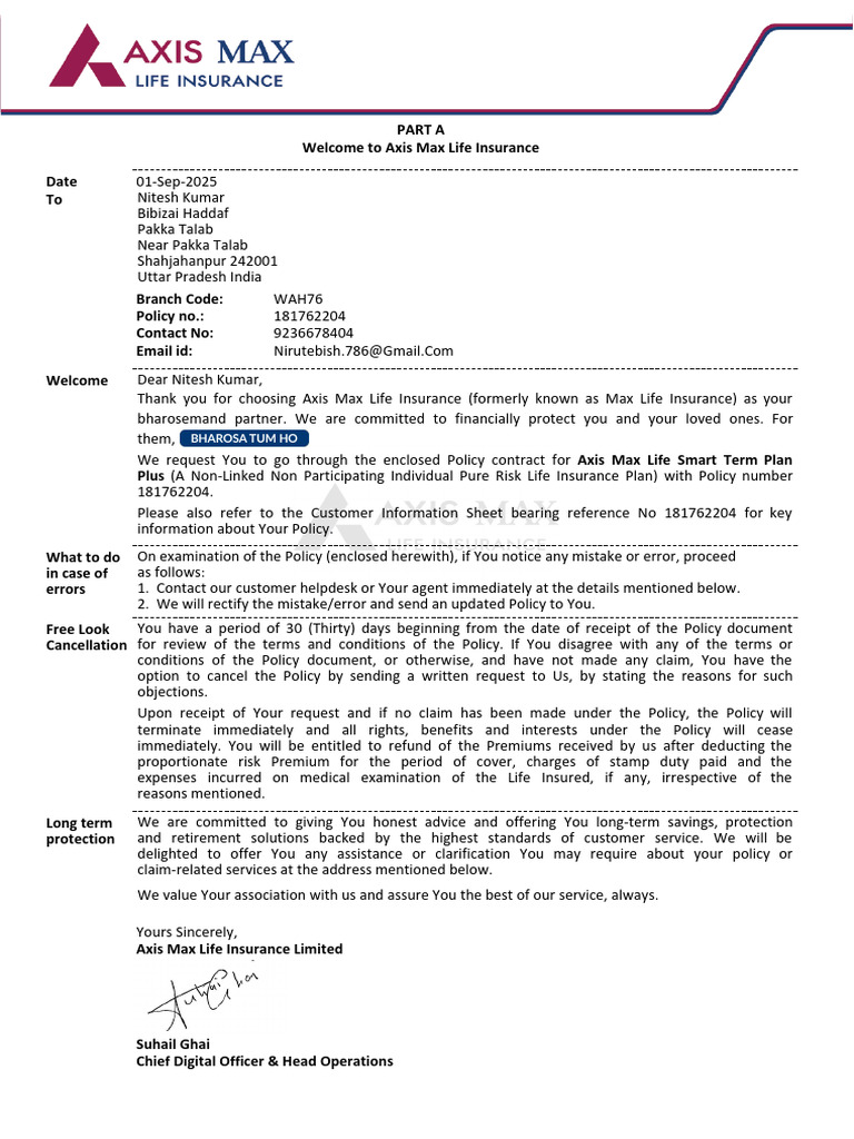 Digitally Signed by DS AXIS MAX LIFE Insurance Limited 2 Date: 2025.09. ...
