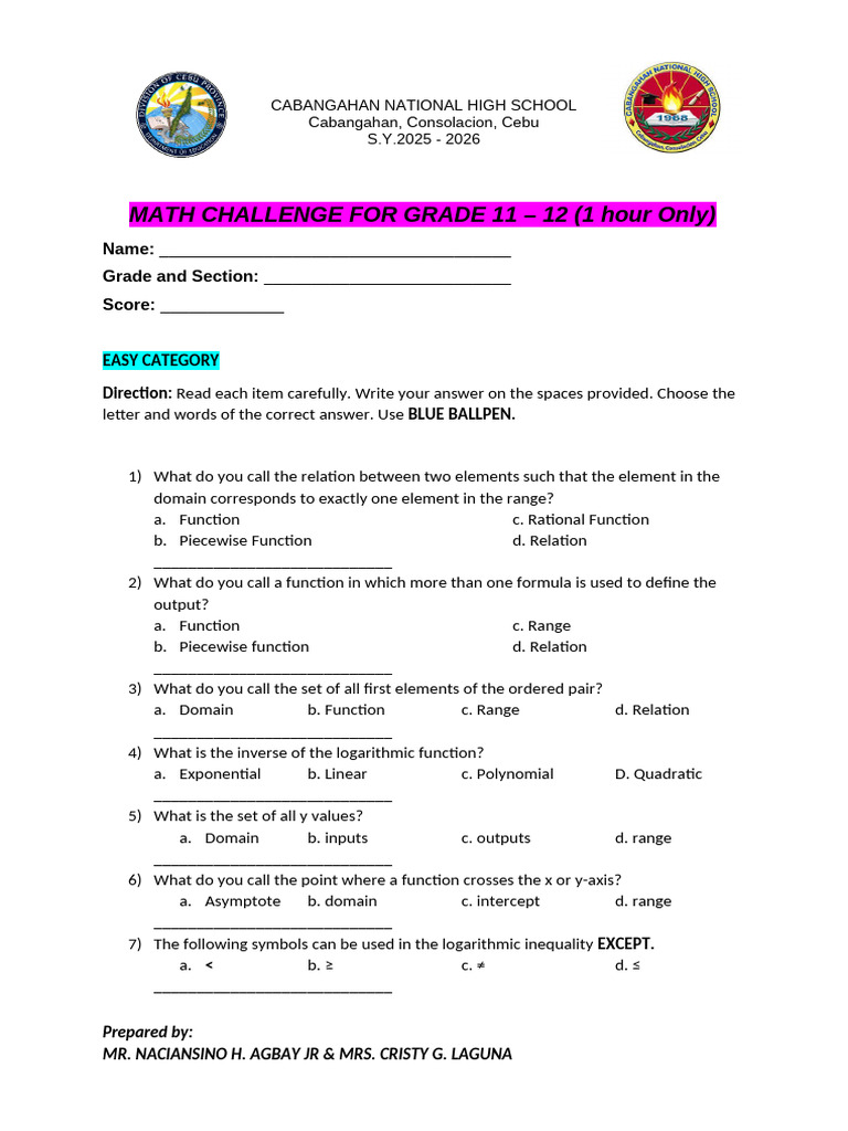 Math Challenge Test Paper | PDF | Function (Mathematics) | Time Complexity