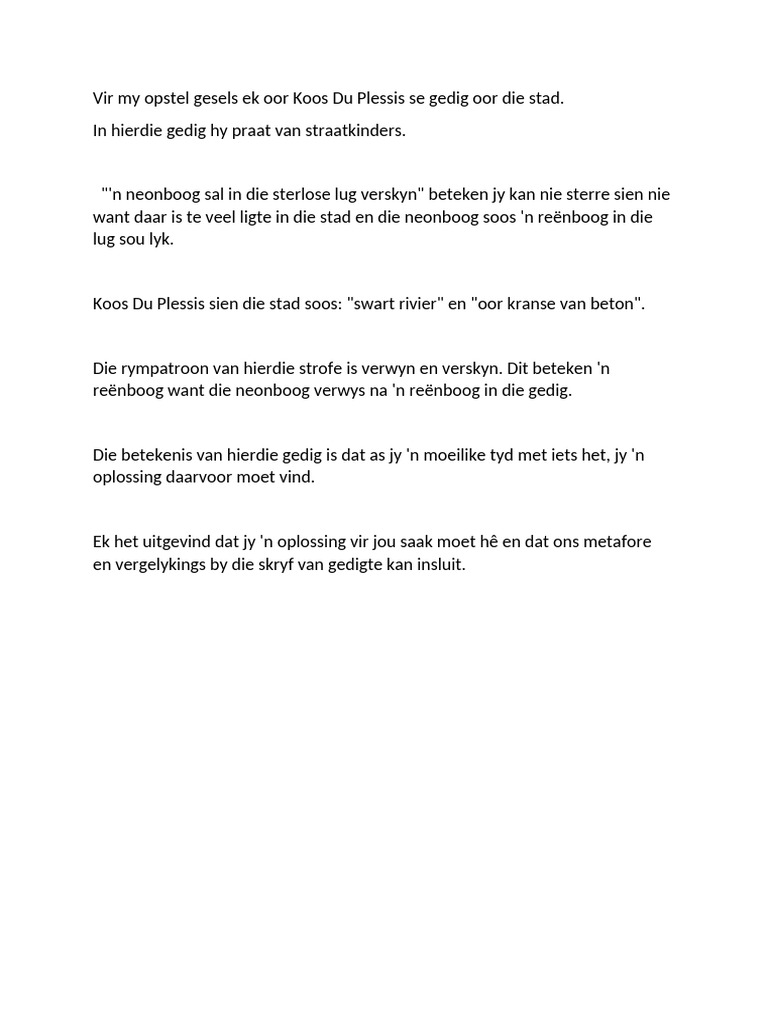 Vir My Opstel Gesels Ek Oor Koos Du Plessis Se Gedig Oor Die Stad | PDF