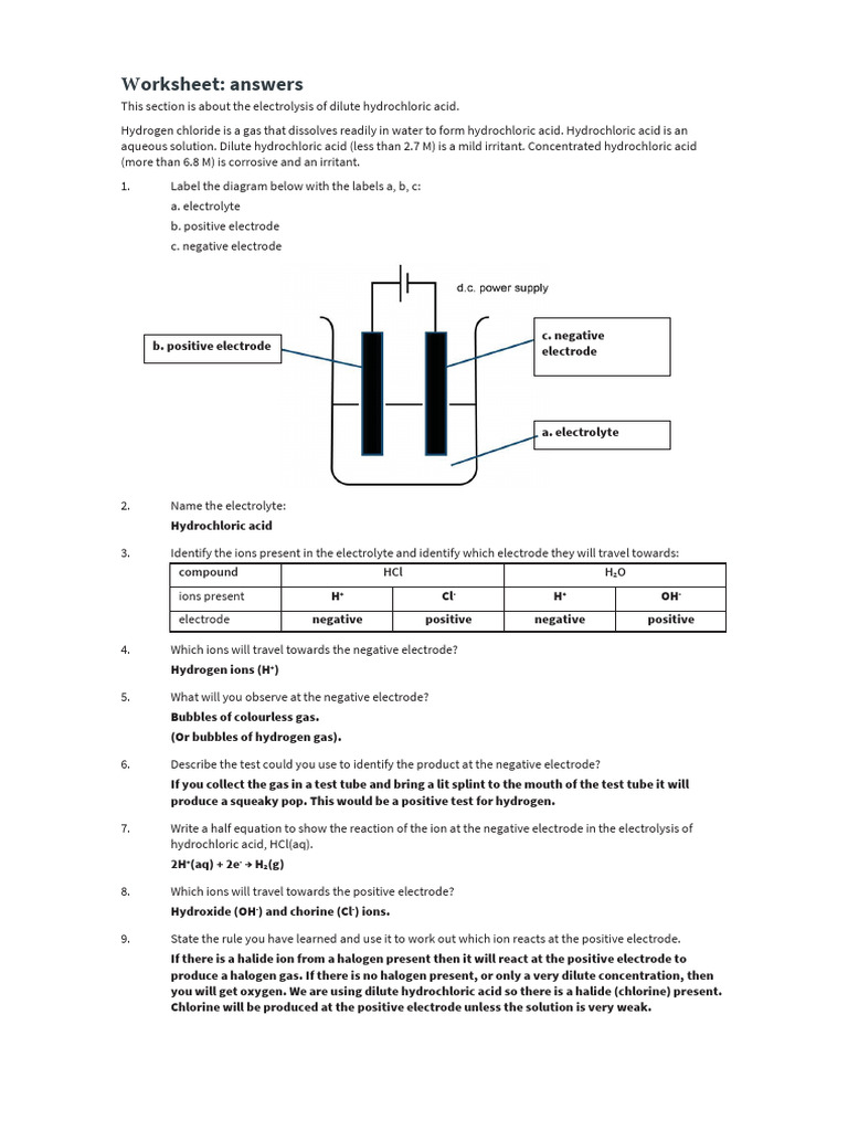 Worksheet 2 - Electrolysis Answers | PDF | Aluminium | Chlorine